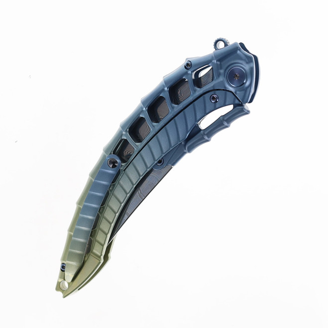 Rike Knife Alien 4 Folding Knife/Pen Tool Blue Titanium Handle Damascus ...