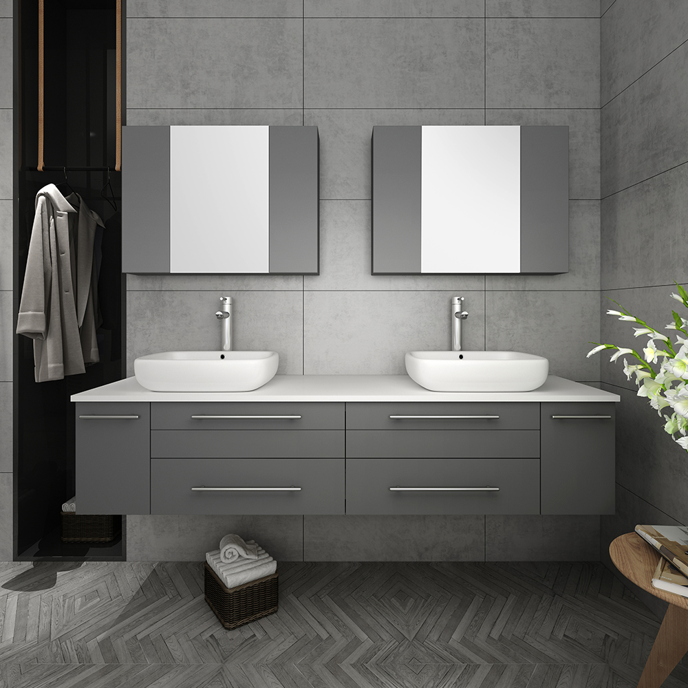 72 Gray Wall Hung Double Vessel Sink Modern Bathroom Vanity w Medicine Cabinets FVN6172GR VSL D