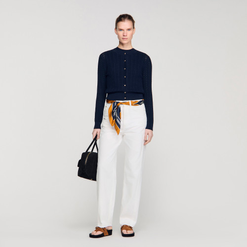 Cropped textured knit cardigan Navy | Sandro Paris