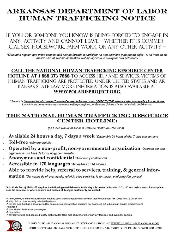 Arkansas Human Trafficking Poster | Labor Law Compliance Center
