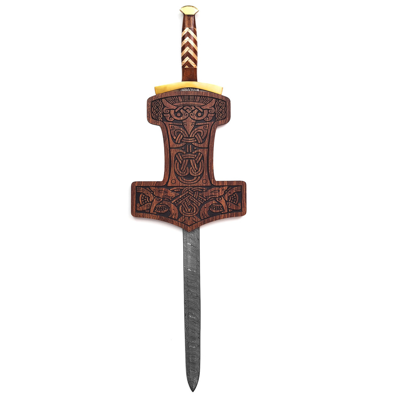 Nordic Hammer Style Wooden Sword Plaque – Engraved Display Mount