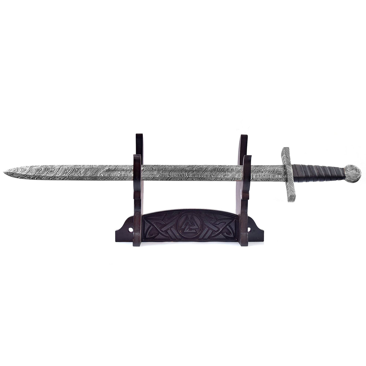 Viking Wooden Sword Table Display Stand – Handcrafted Norse Design Holder