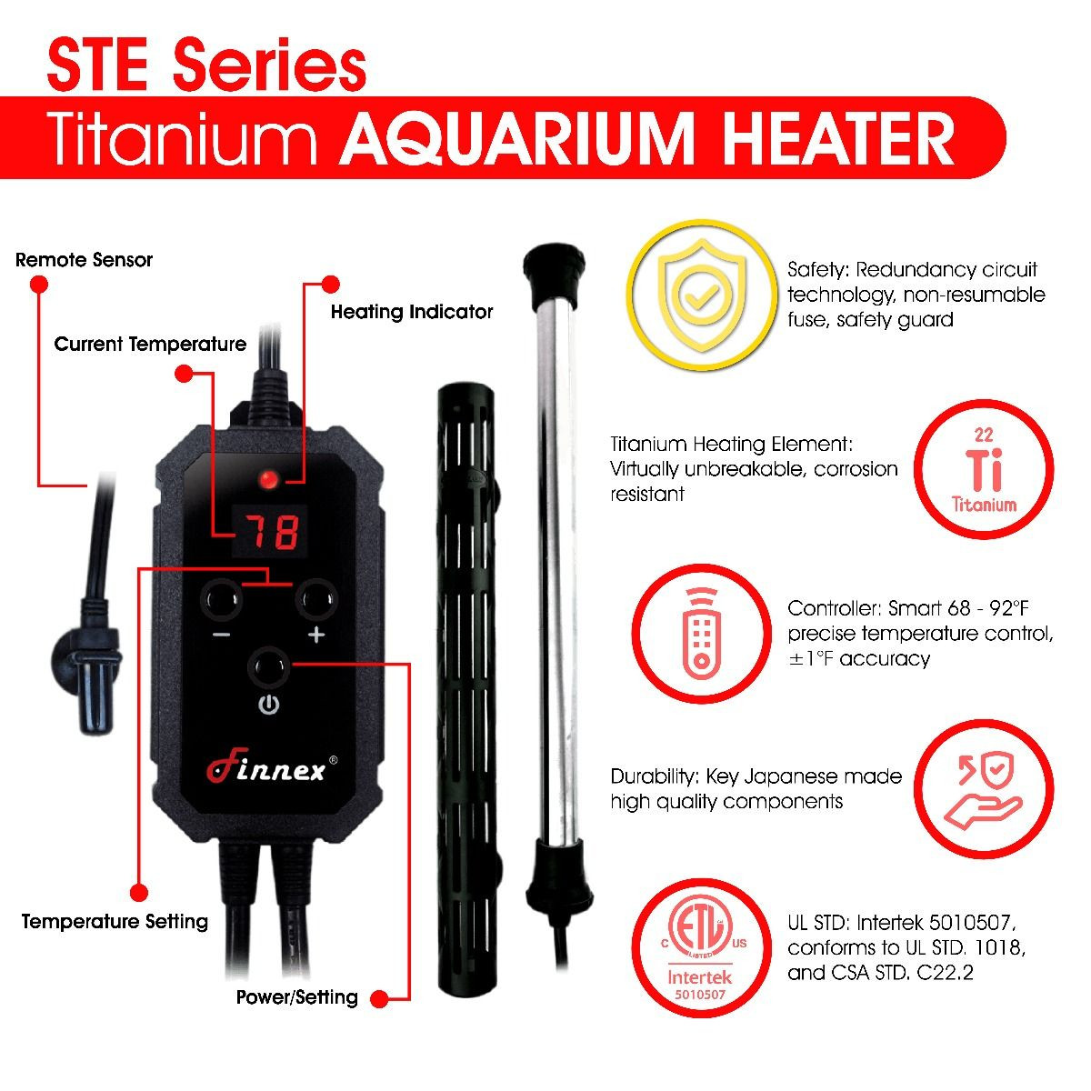 STE 800W Digital Titanium Heater w/Guard UL (190-265 Gallon) - Finnex - SaltwaterAquarium.com