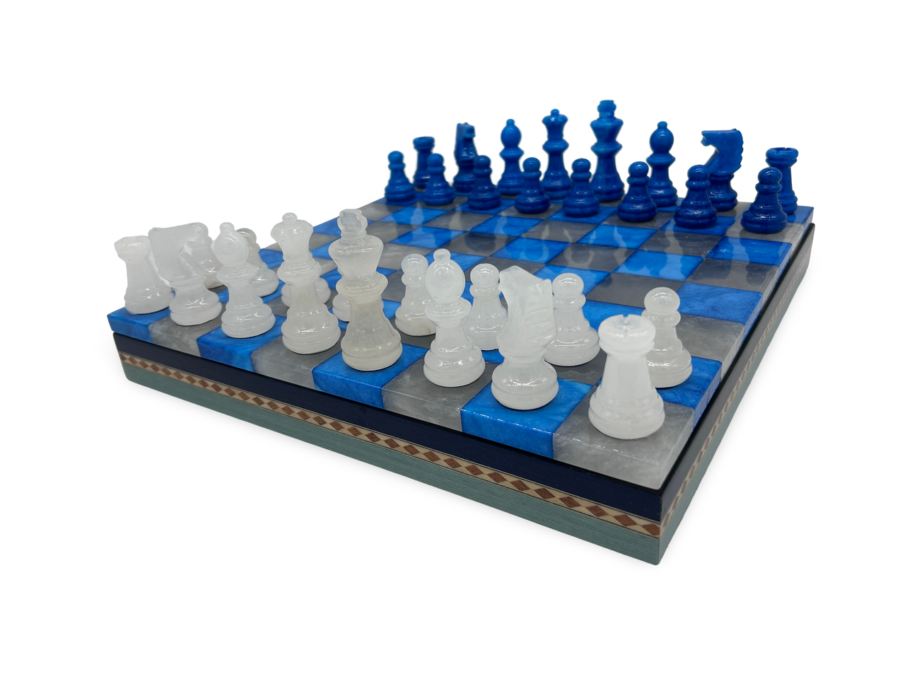 Ocean Mirage Blue & White Alabaster Chess Set | Chess World Australia