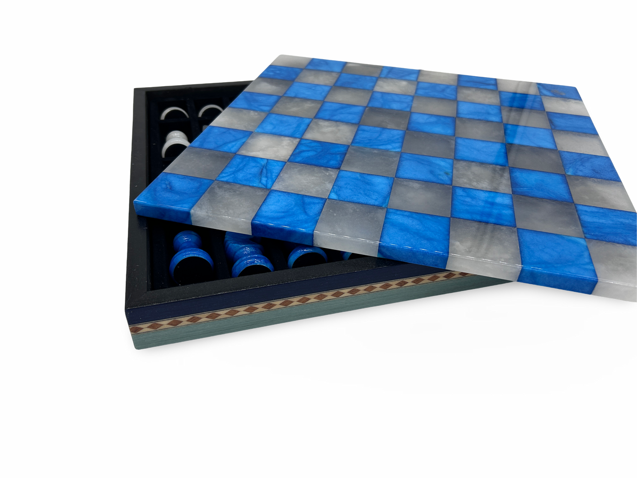 Ocean Mirage Blue & White Alabaster Chess Set | Chess World Australia