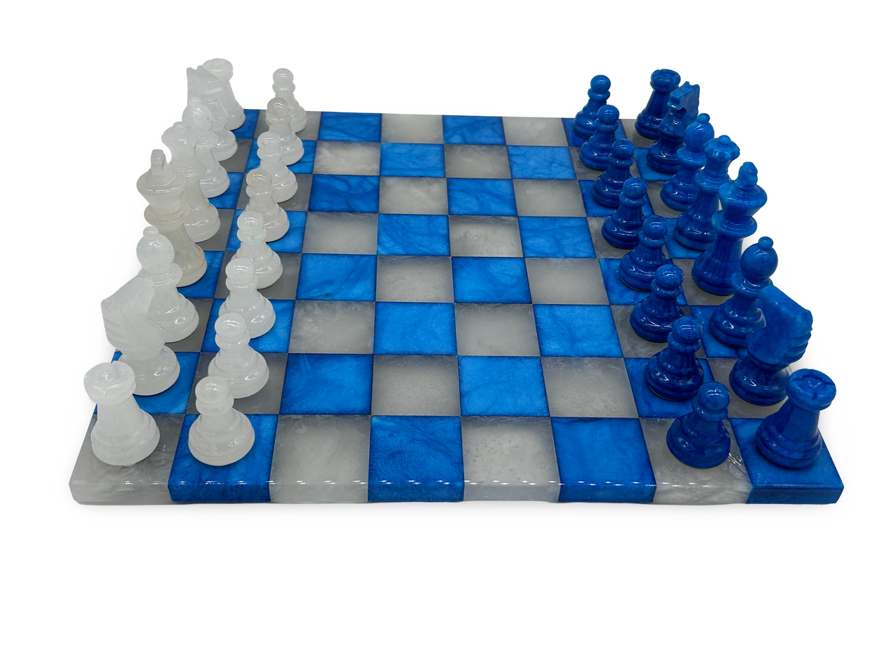 Ocean Mirage Blue & White Alabaster Chess Set | Chess World Australia