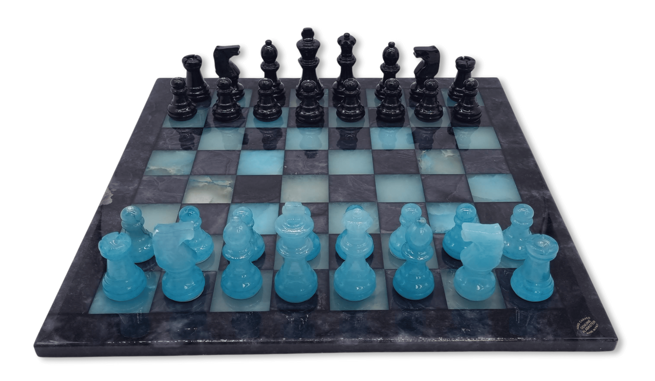 Midnight Tide Blue & Black Alabaster Chess Set | Chess World Australia