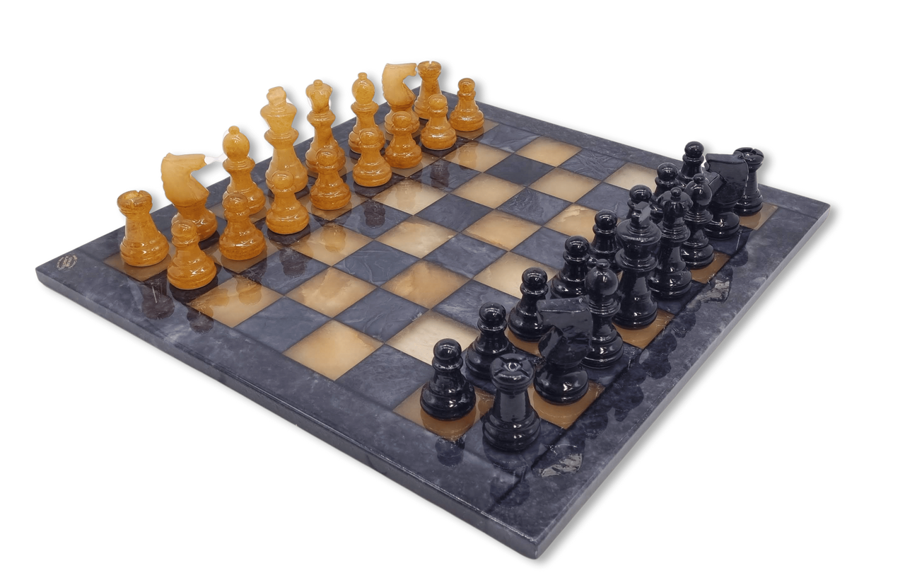 Amber Glow Orange & Black Alabaster Chess Set | Chess World Australia