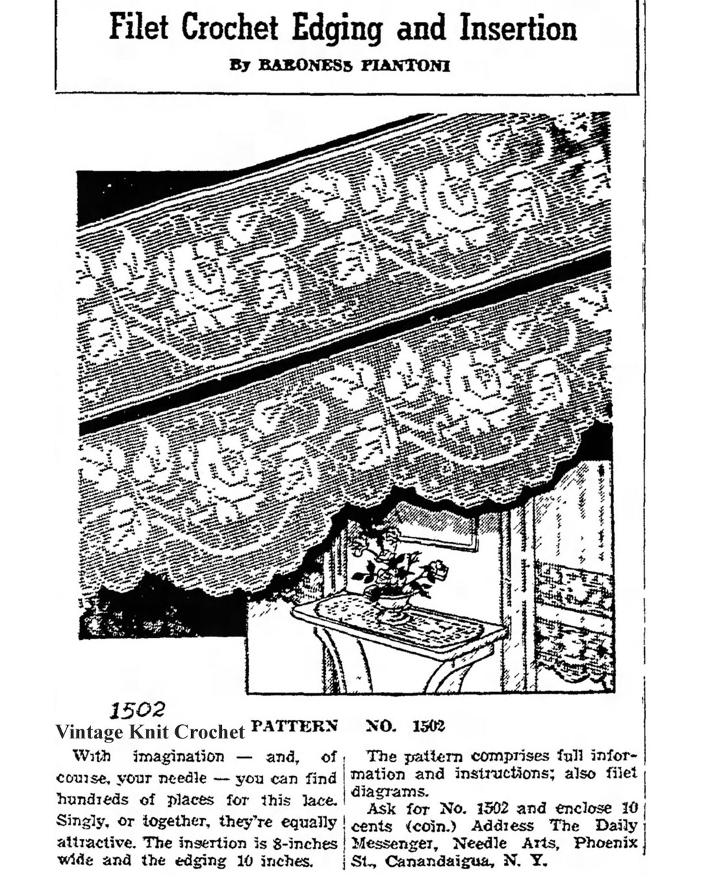 Wide Filet Crochet Rose Edging with Insertion Pattern, Mail Order No 1502