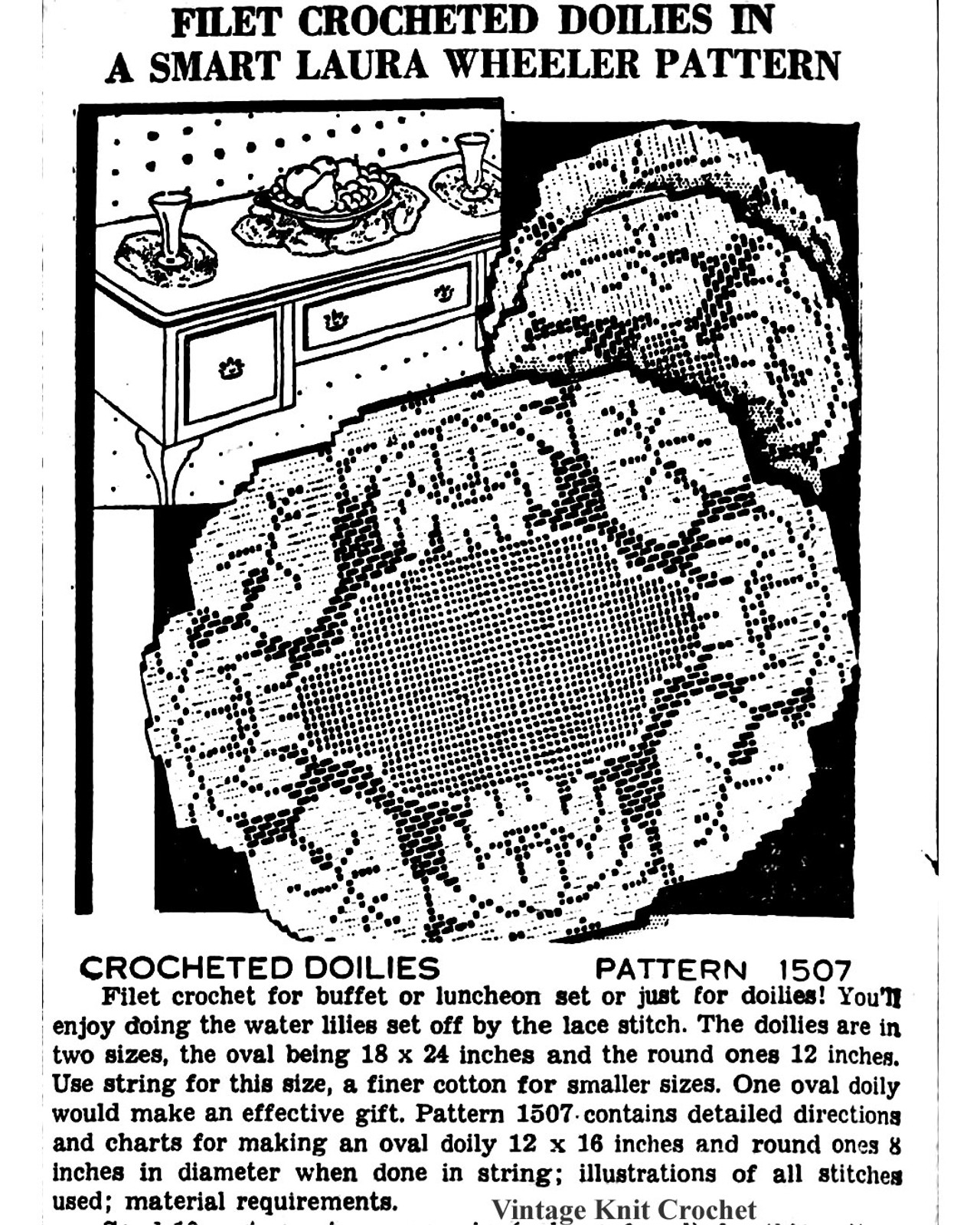 Filet Crochet Waterlily Doilies Pattern Round Oval Mail Order Design 6022