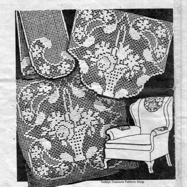 Filet Crochet Chair Doily Pattern, Roses Pansies Tulip Butterfly, Mail ...