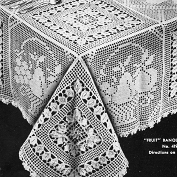 Filet Crochet Tablecloth Pattern in Fruit Motif Blocks