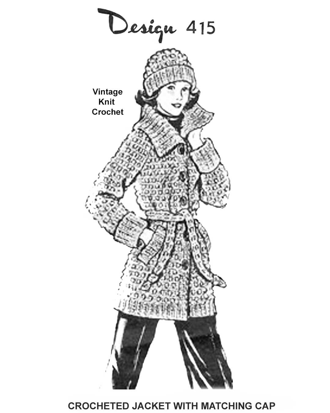 Crocheted Jacket Coat Pattern, Stand-up Collar Design 415