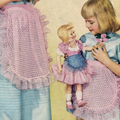 Two Vintage Crochet Aprons Pattern, Lace Stitch with Ribbon Ties