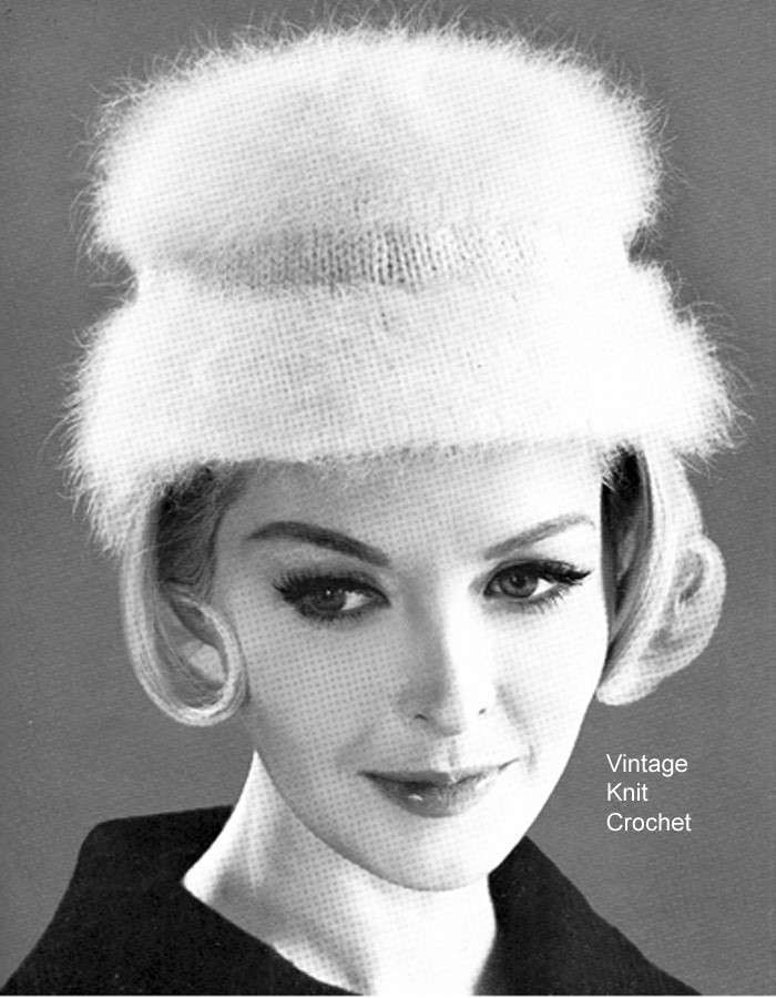 Knitted Angora Hat Pattern, Vintage 1960s