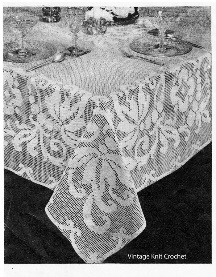 Filet Crochet Tablecloth Pattern, Floral Scroll Motif