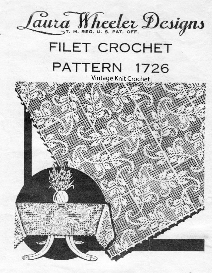 Filet Crochet Square Pattern, Leaf Tablecloth Bedspread Design 1726