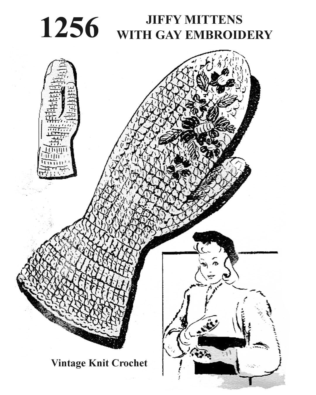 Misses Crochet Mittens Pattern with Embroidery Mail Order No 1256