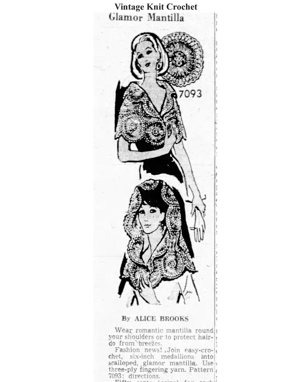 Vintage Crochet Mantilla, Head Scarf, Cape Pattern Design 7093