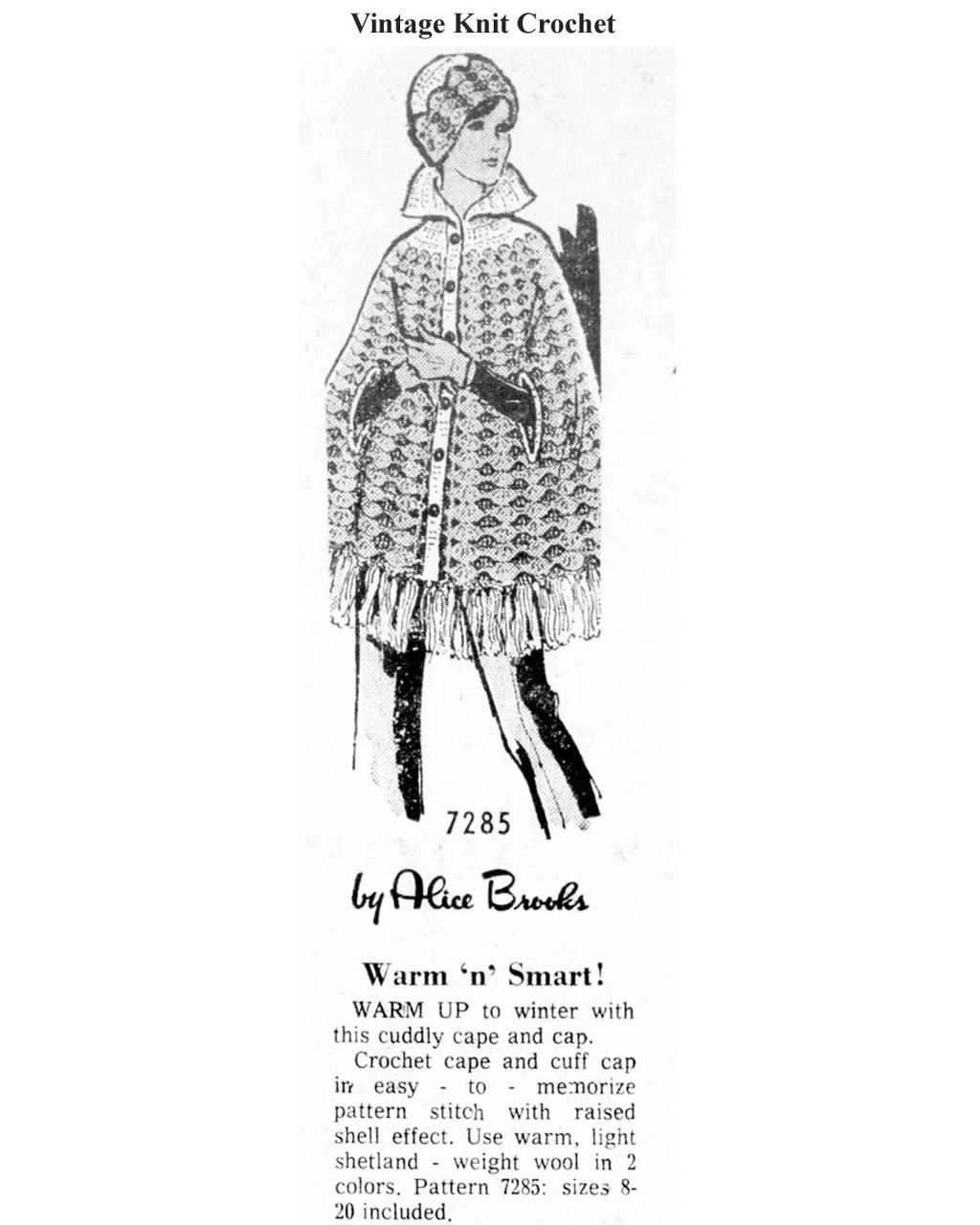 Crochet Cape Pattern in Shell Stitch with Cuff Cap, Alice Brooks 7285 ...