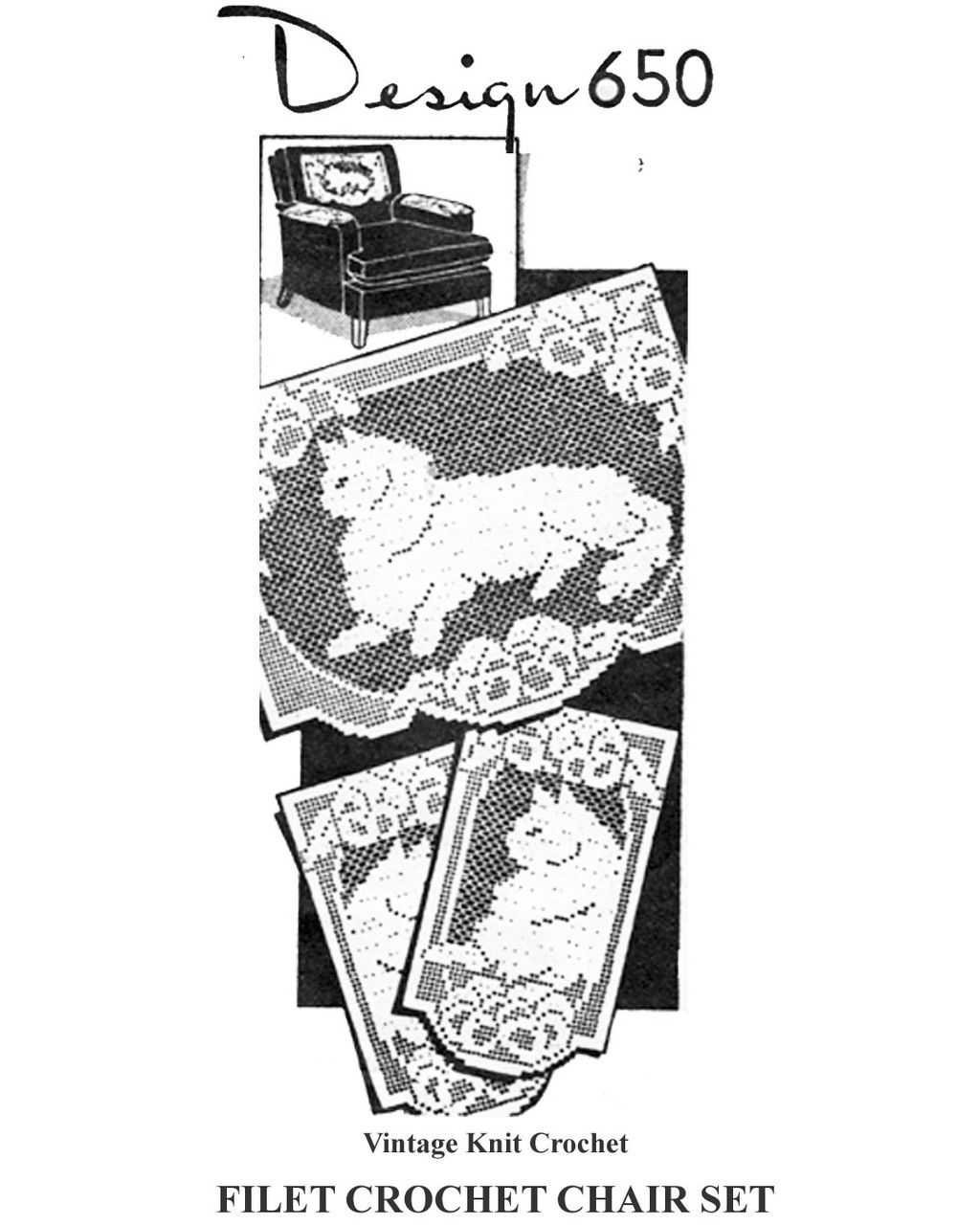 Filet Crochet Cat And Pansies Chair Doily Set Mail Order 650 Laura Wheeler