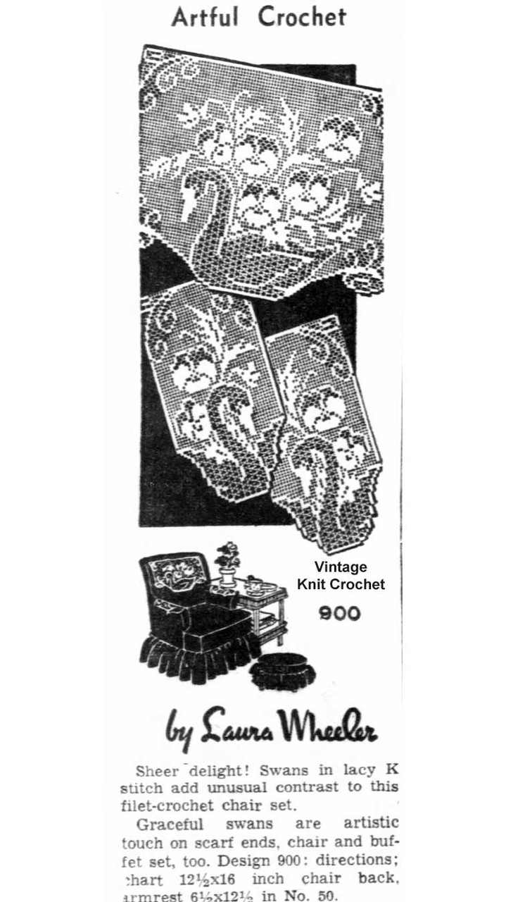 Filet Crochet Swan Pansy Doily Chair Set Pattern Design 900 Laura Wheeler