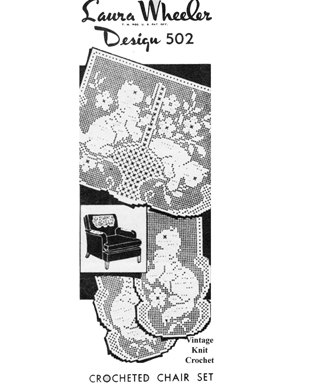 Filet Crochet Kitten Pattern Chair Doily Set Mail Order 502 Laura Wheeler