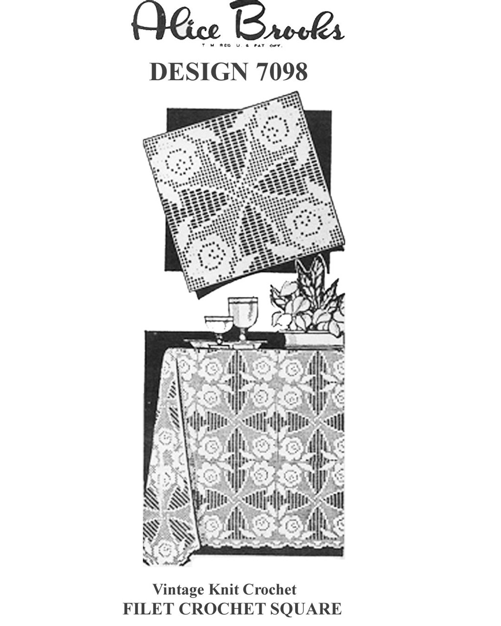 Rose Filet Crochet Square Pattern For Cloths Scarves Alice Brooks 7098