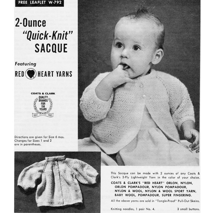 Quick Knit Baby Sacque Jacket Pattern, Leaflet W-792