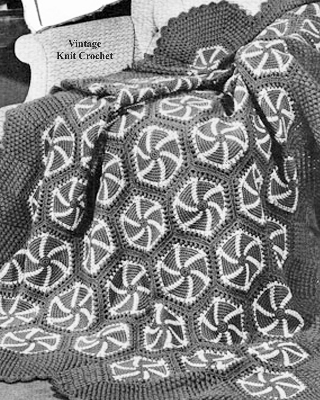 Crochet Blanket Afghan Pattern in Pinwheel Motifs Vintage 1950s