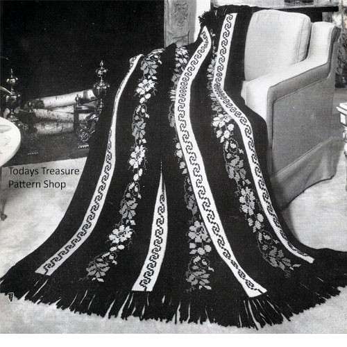 Greek Key Floral Panel Crochet Afghan PDF Pattern