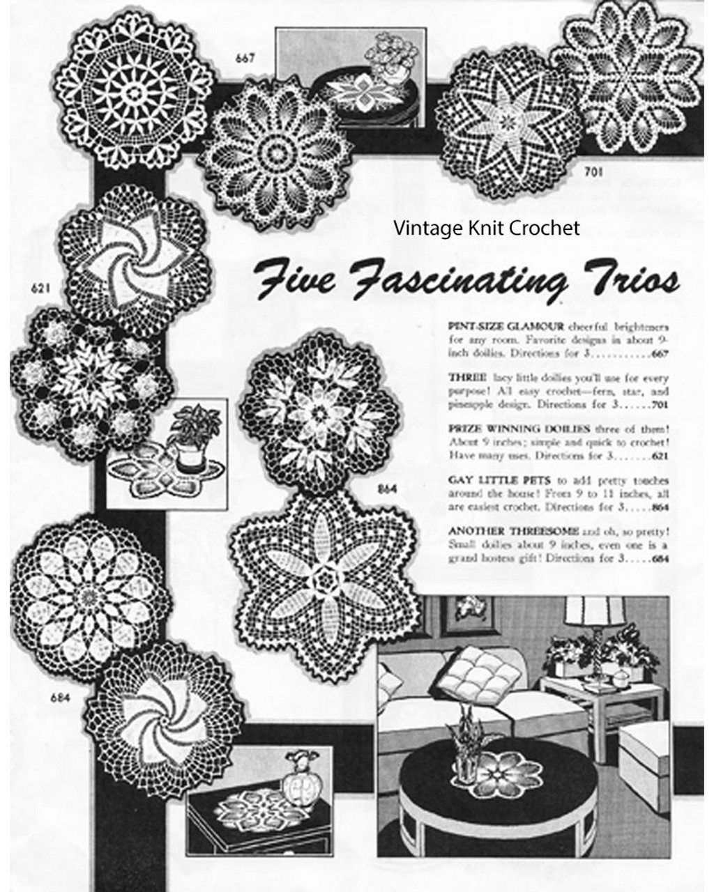 Three Crochet Doilies Pattern, Fern Pineapple Star Motif, Laura Wheeler 701