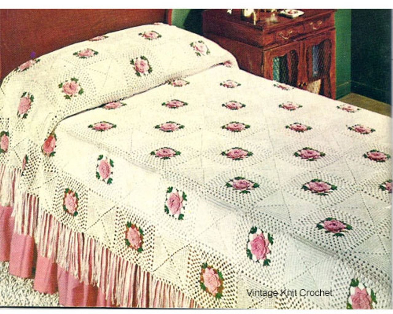 Crochet Bedspread Pattern Rose Squares With Fringe