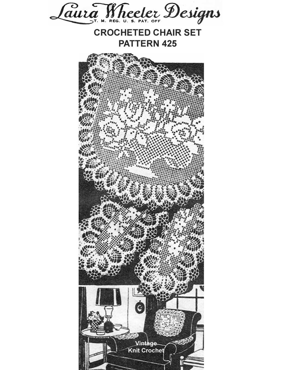 Filet Crochet Rose Chair Set Pattern Pineapple Border Mail Order 425