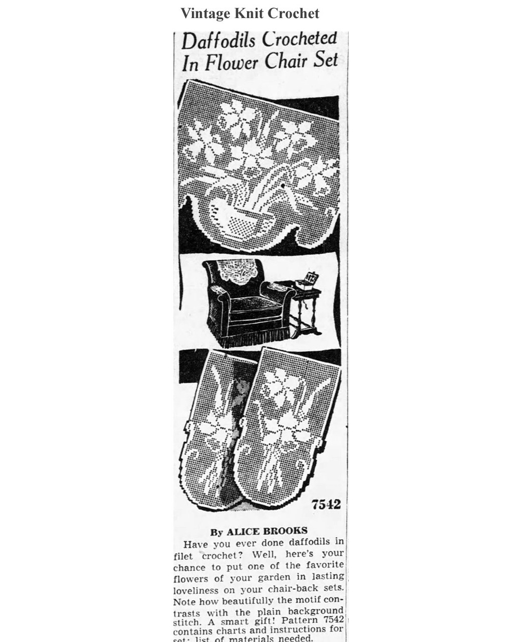 Filet Crochet Daffodil Pattern Chair Doily Set Alice Brooks 7542