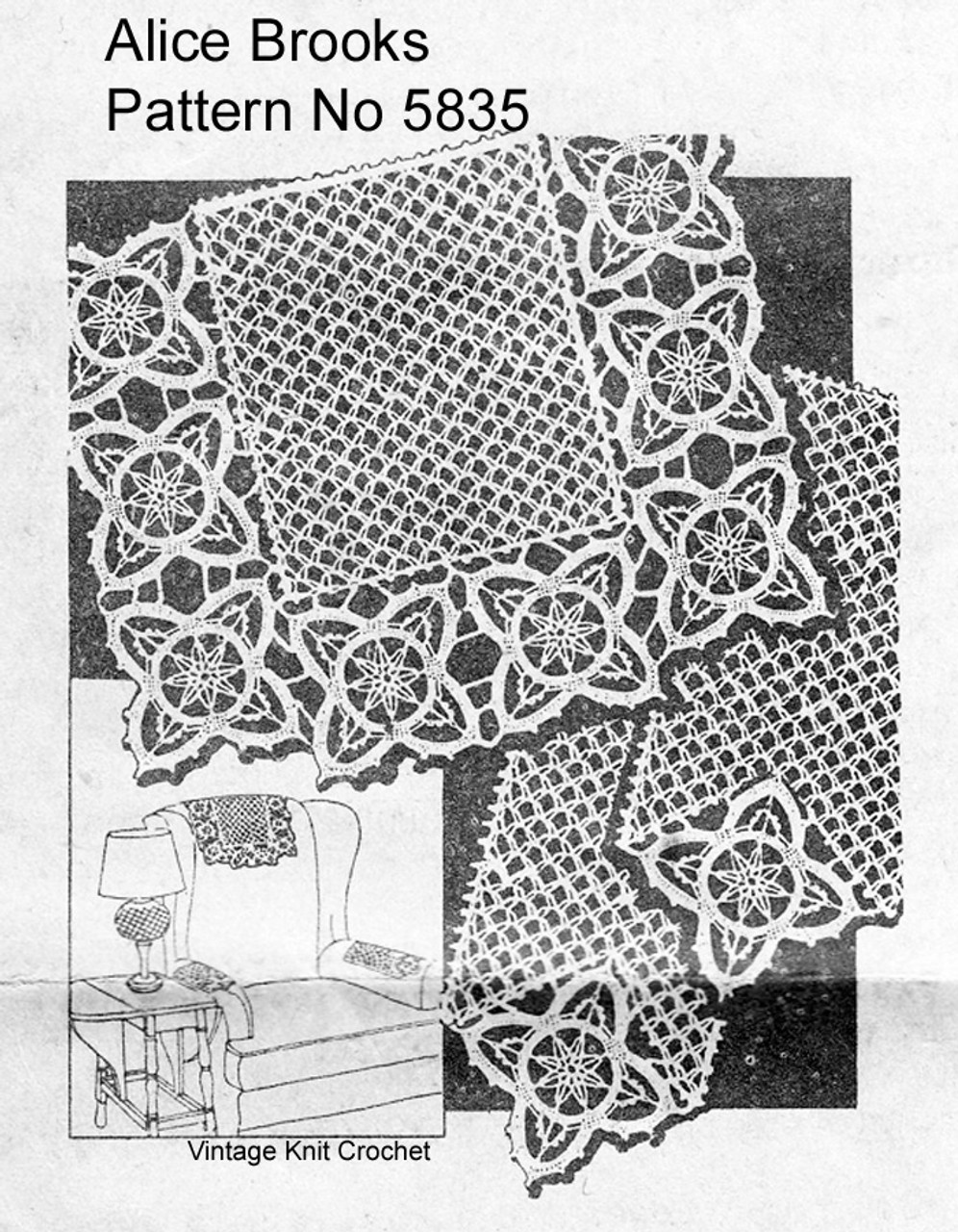 Vintage Crochet Chair Set Pattern Mesh Flower Motif Alice Brooks 5835