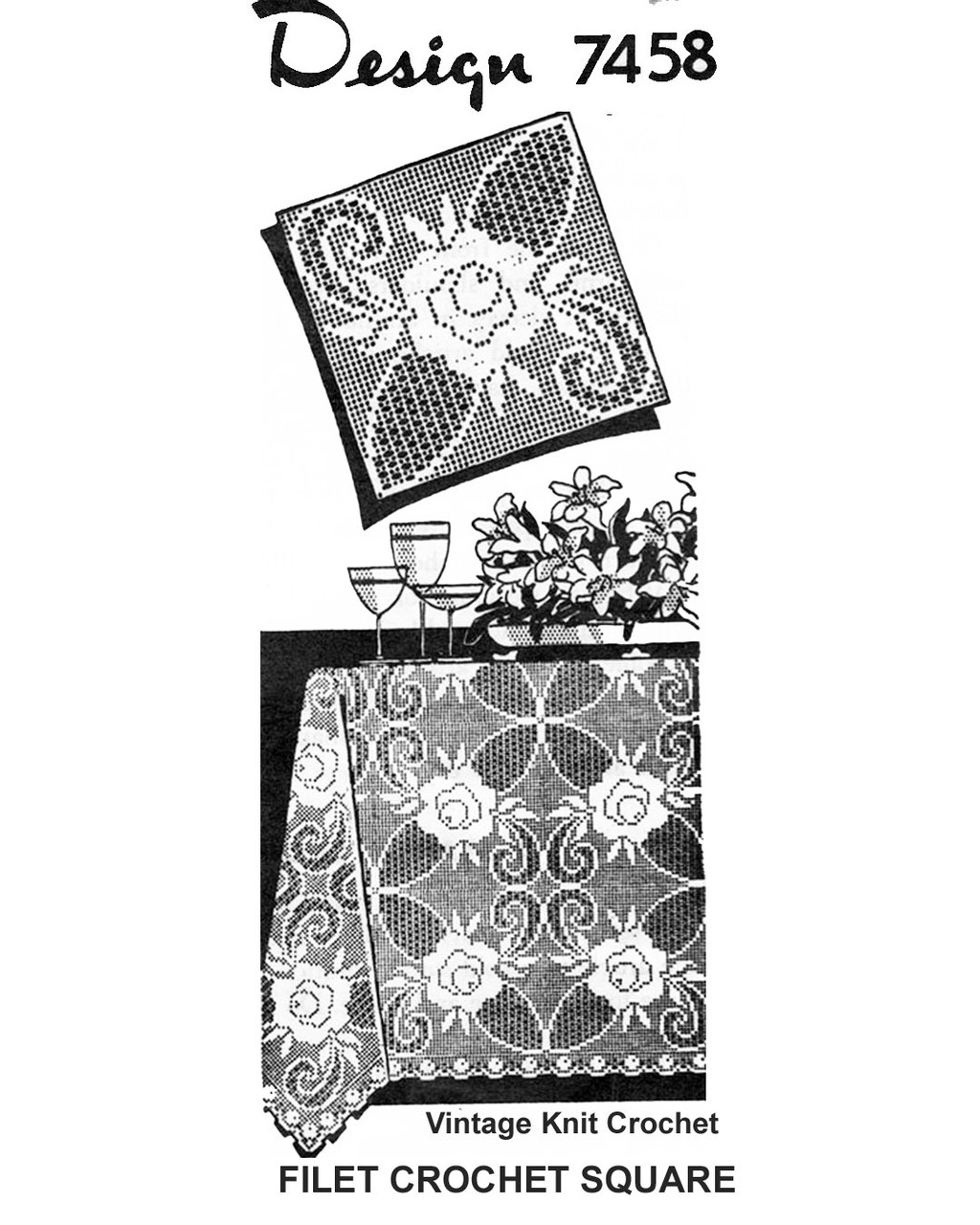 Filet Crochet Rose Tablecloth Pattern Square Design 7458 Alice Brooks