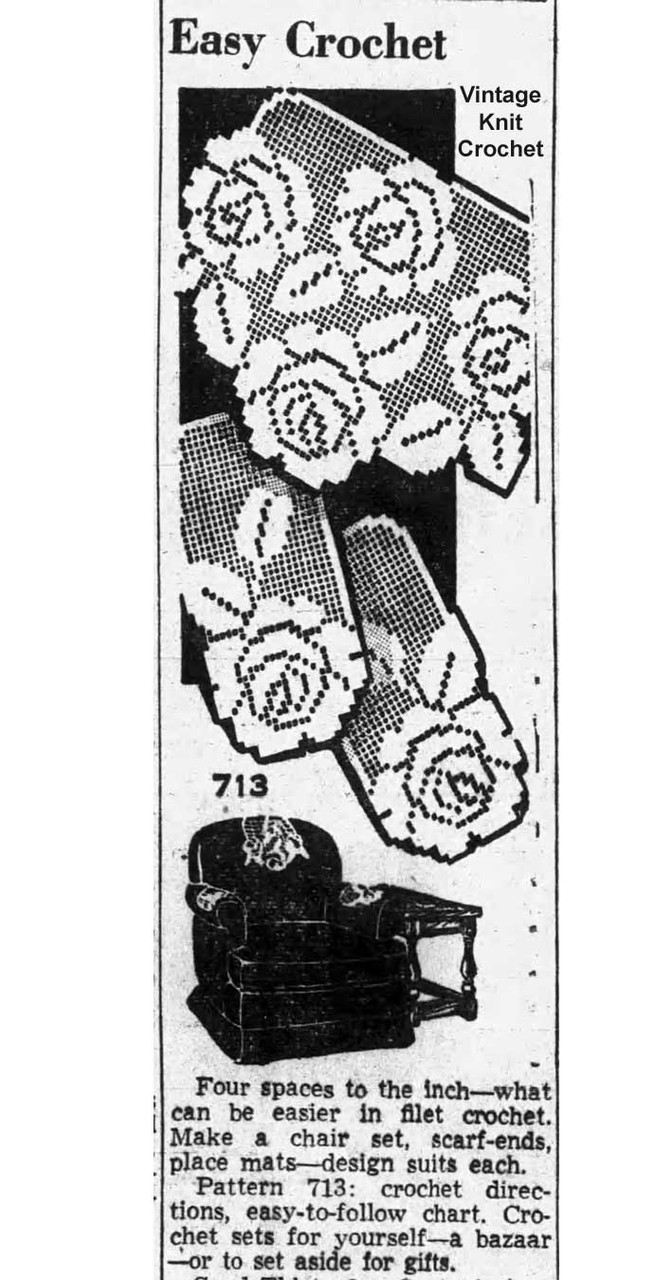 Vintage Filet Crochet Rose Chair Doily Pattern Set Laura Wheeler