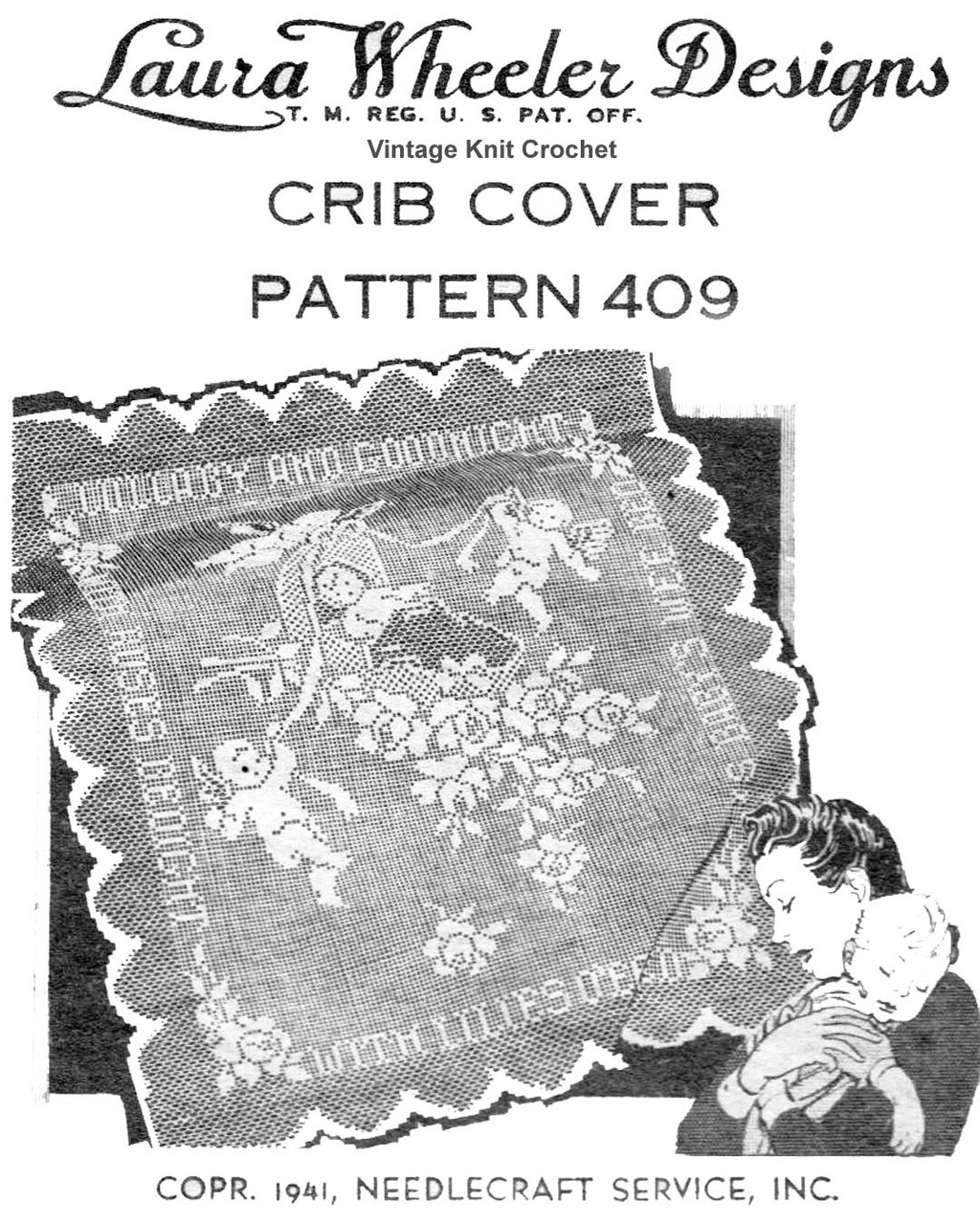 Vintage Filet Crochet Cherub Crib Cover Pattern laura wheeler design 409