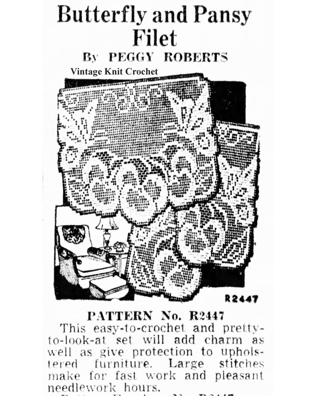 Filet Crochet Pansy Butterfly Chair Doily Pattern Set Mail Order R 2447