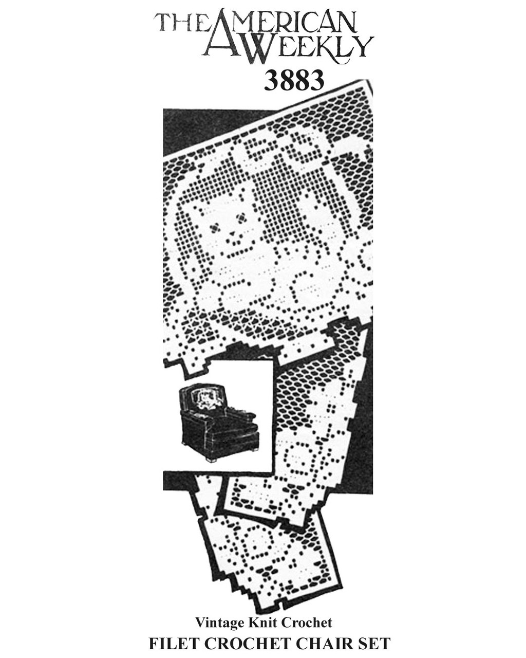 Vintage Filet Crochet Chair Set Pattern Kitten In Basket Doily