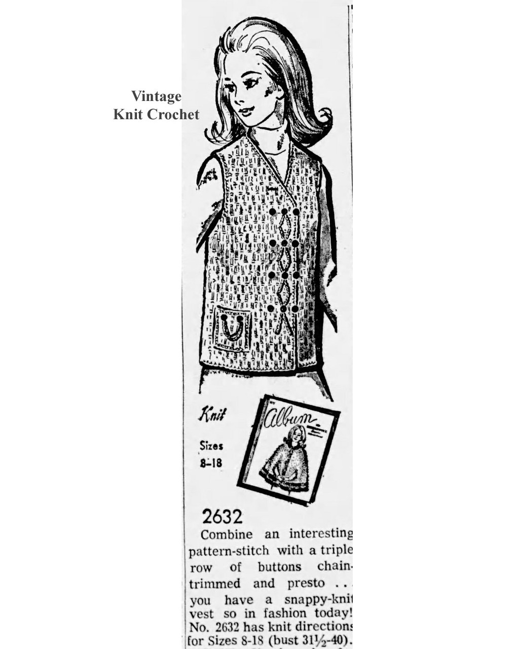 Knitted A-Line Vest Pattern, Chain Trim Mail Order 2632 Anne Cabot