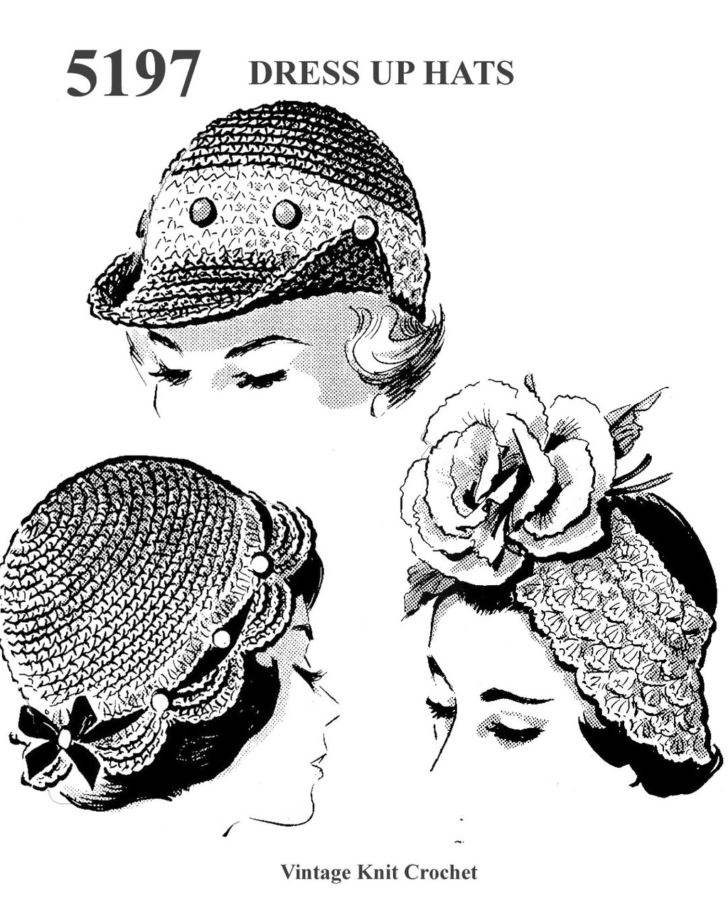 Three Crochet Hats Pattern, Peak Petal and Open Crown Mail Order No 5197