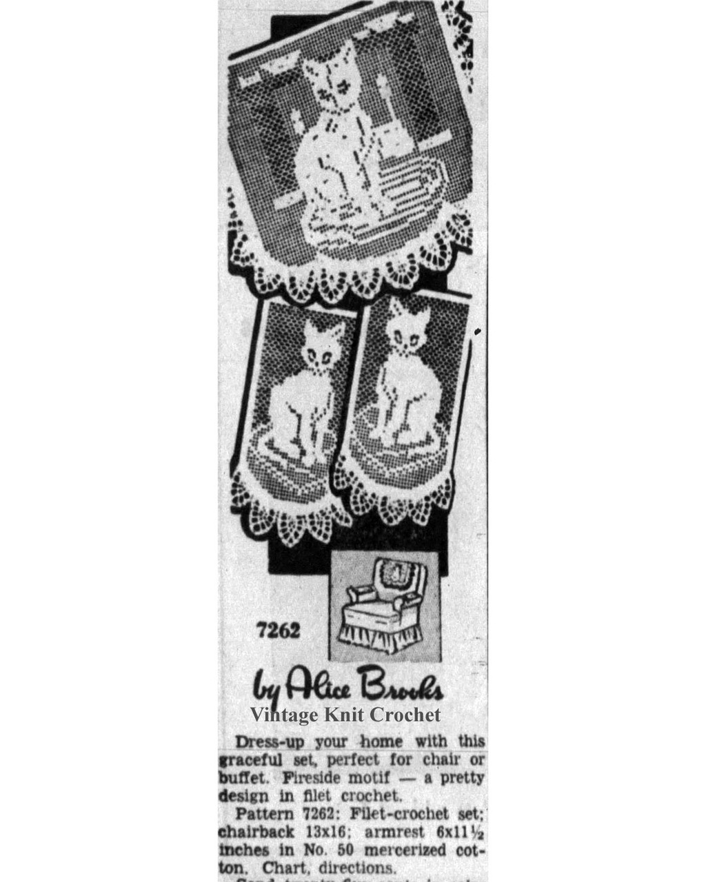 Siamese Cat Filet Crochet Pattern Chair Doily Mail Order Design 7262