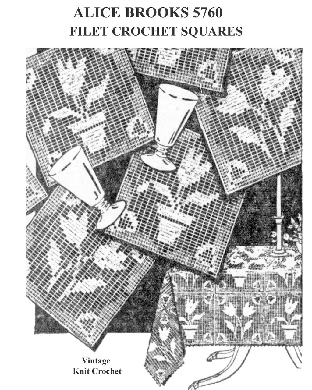 Vintage 1930s Filet Crochet Tulip Squares Pattern Tablecloth Runner