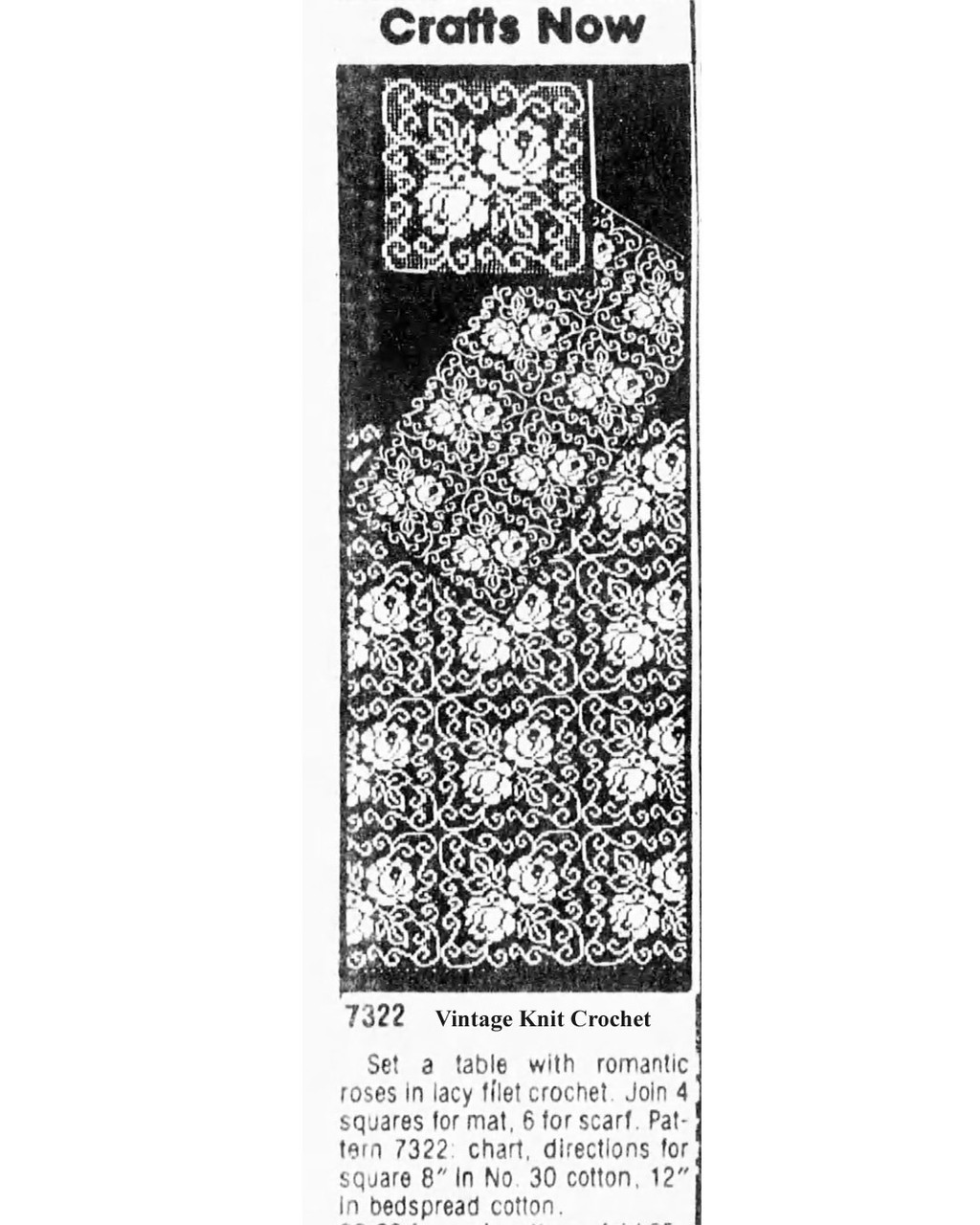 Filet Crochet Square Pattern, Rose Scroll Motif, Mail Order Design 7322 ...