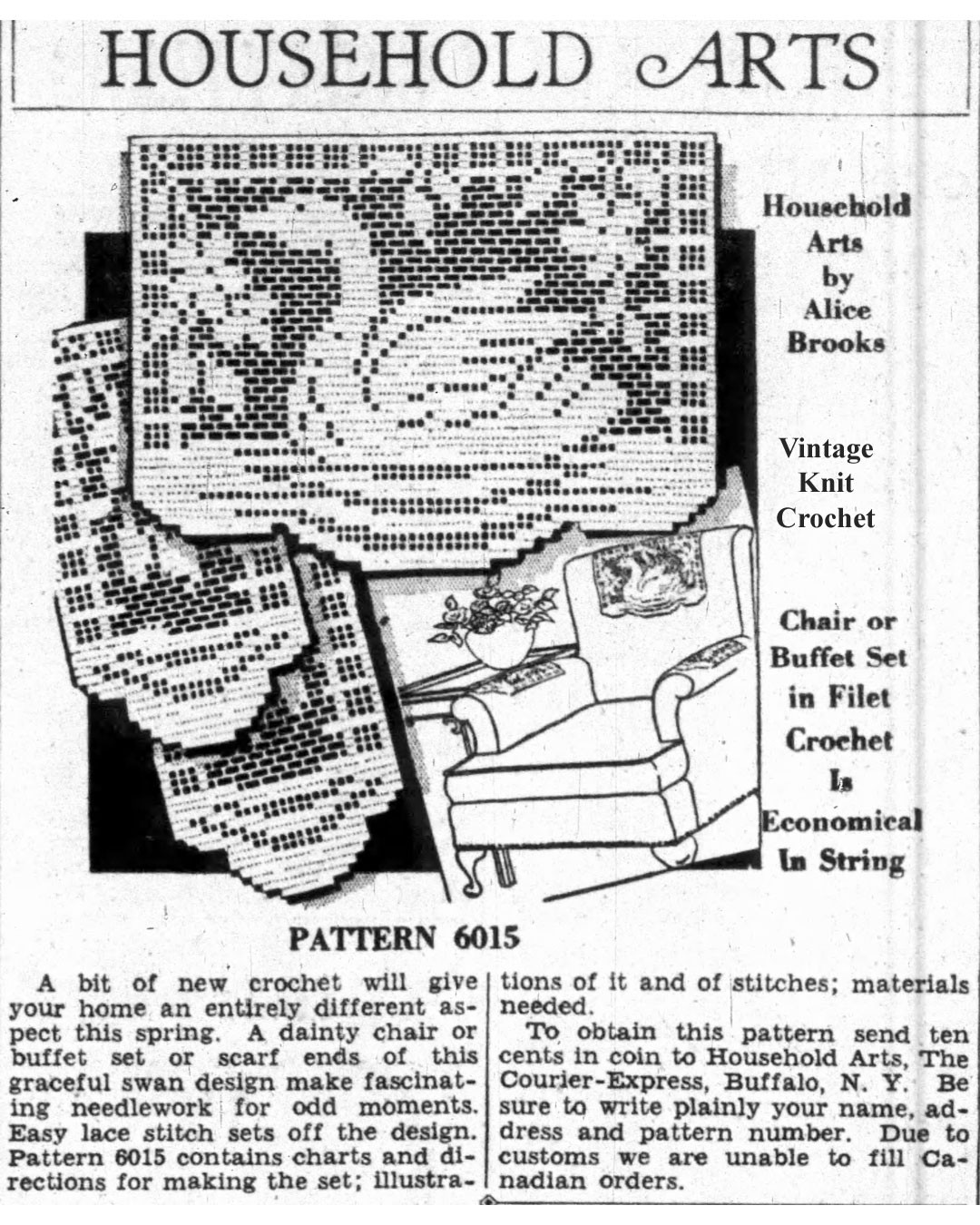 Swan Filet Crochet Chair Doily pattern Set Mail Order Design 3083 ...