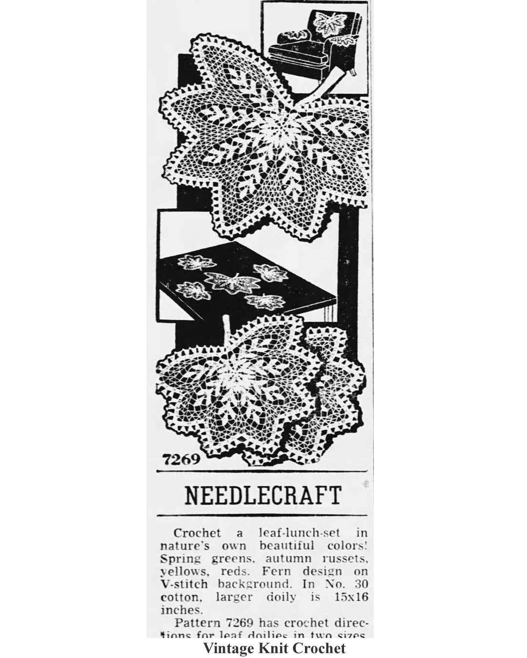 Crochet Leaf Shaped Doilies Pattern, Large Small, Mail Order Design 7269
