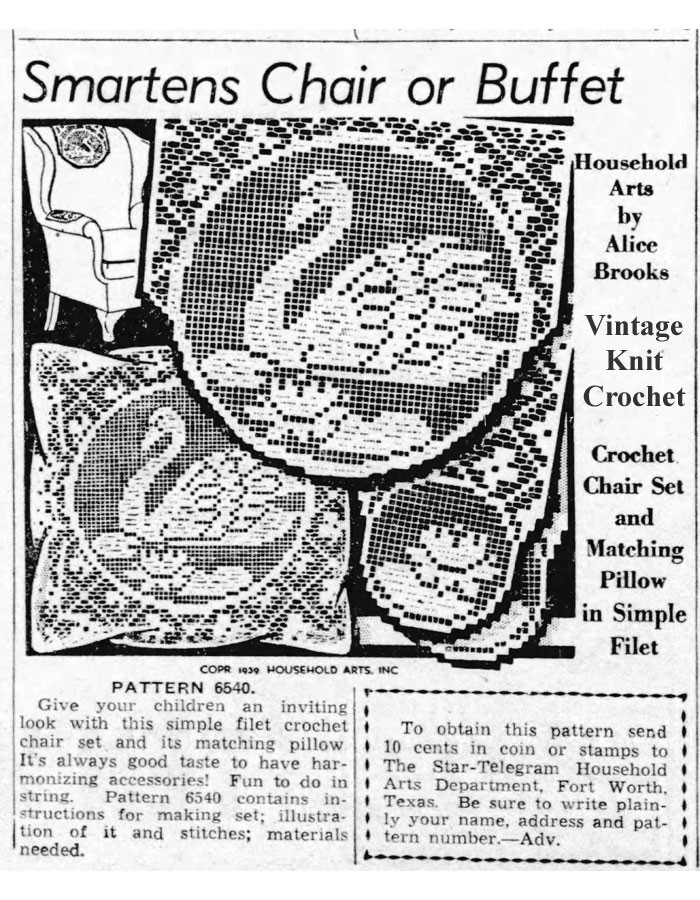 Swan Filet Crochet Chair Doily pattern Set Mail Order Design 3083 ...