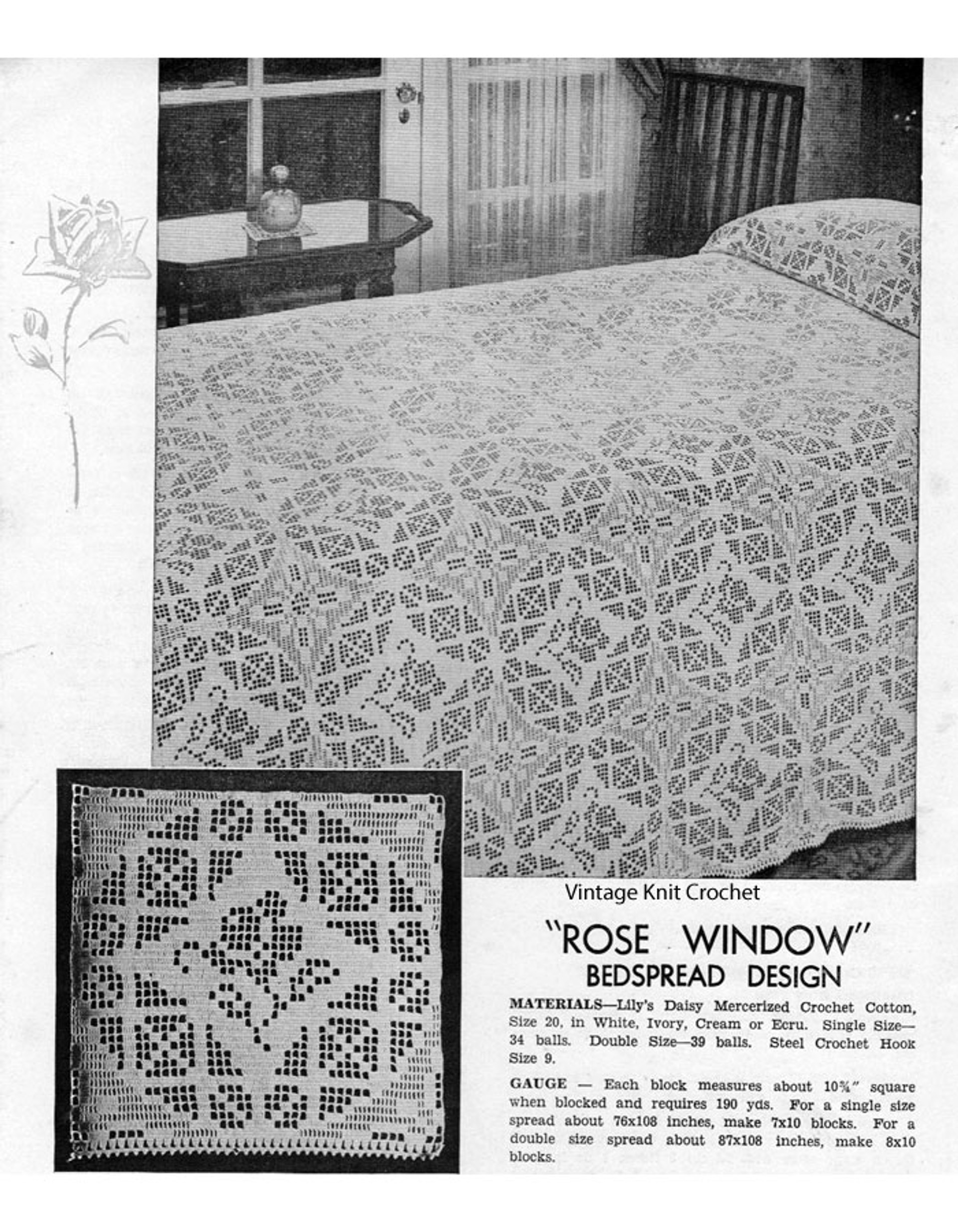 Filet Crochet Bedspread Square Pattern Rose Window